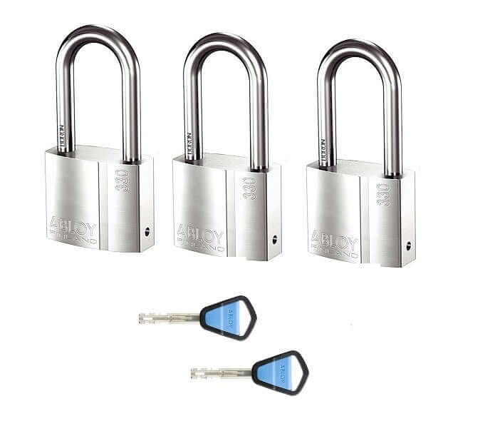 3 kpl Abloy Riippulukko PL330J sanka 50mm. 2 kpl Abloy EASY-avaimia